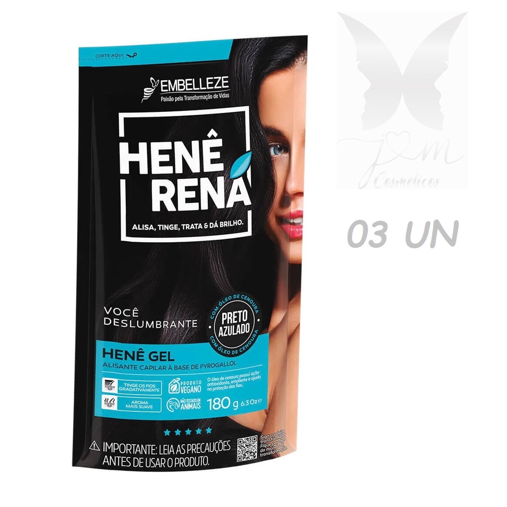 Kit com 03 un Alisante Henê Rena Preto Azulado Pouch 180g Embelleze ...
