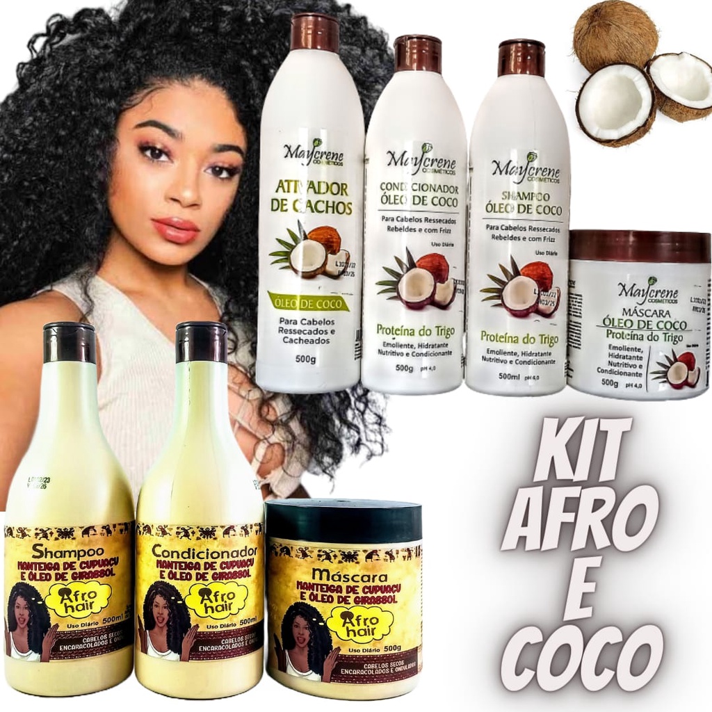 Kit Cabelo Afro + Kit Oleo De Coco Maycrene(Shamp+Cond+Masc+Ativador De ...