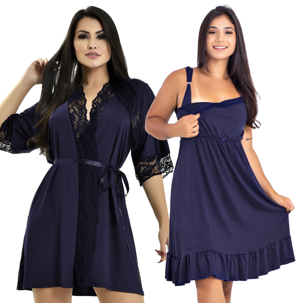 Kit Camisola mais Robe Microfibra Renda Conjunto Maternidade Moda ...