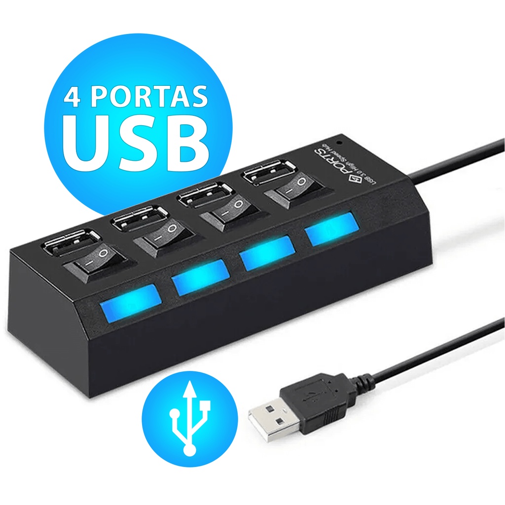 Hub Extensor USB 4 Portas Alta Velocidade P/ HD Pen Drive Mouse Teclado ...
