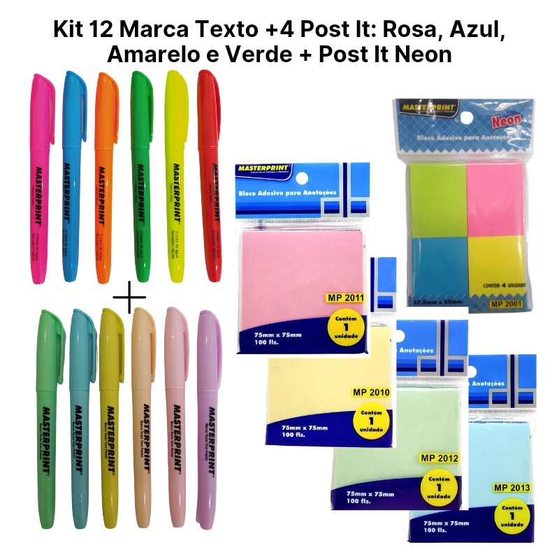Kit 12 Marca Texto Com 4 Blocos Adesivos Cores Diversas e 1 Post It ...
