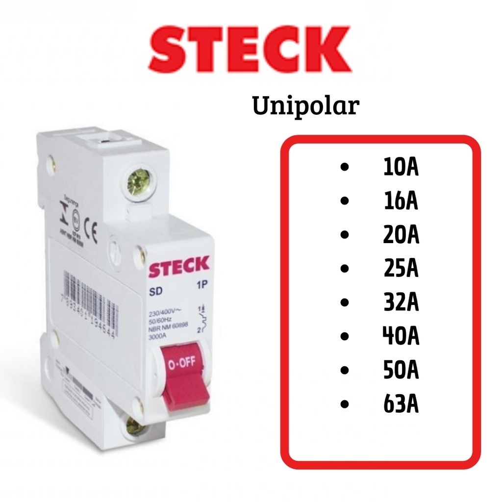 Disjuntor Steck Unipolar Monopolar Curva C 10a, 16a, 20a, 25a, 32a, 40a, 50a, 63a | Shopee Brasil