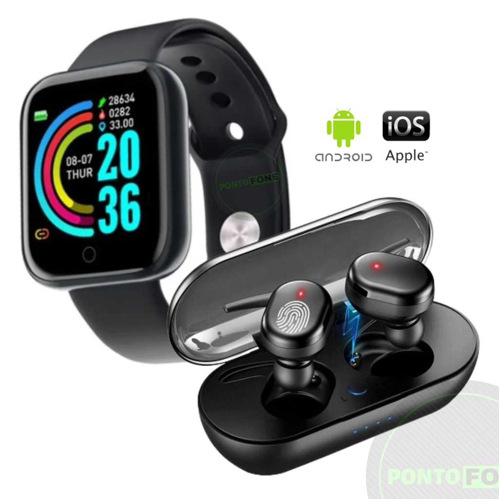 KIT SmartWatch D20 + Fone Y30 Sem Fio Bluetooth y30 Kit Relógio e Fone ...