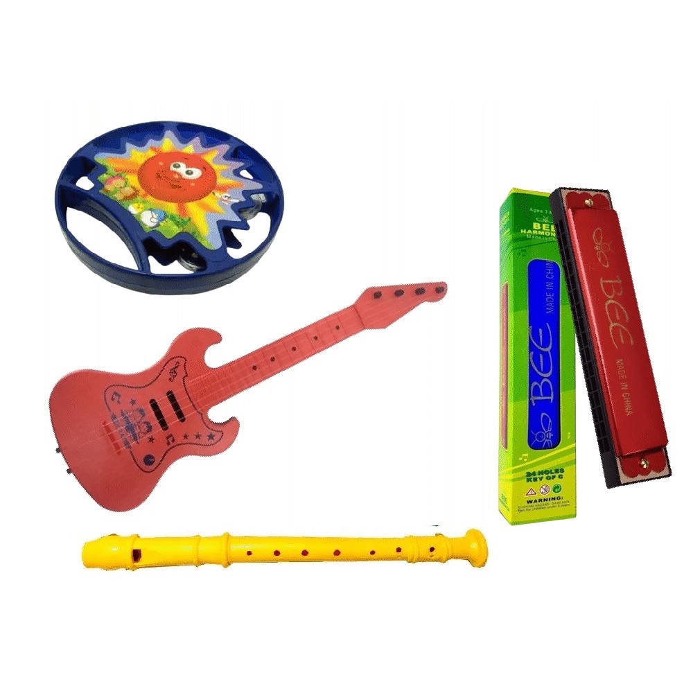 Kit 4 Instrumentos Musical Gaita Profissional Guitarra Pandeiro Flauta Infantil Brinquedo Banda ...