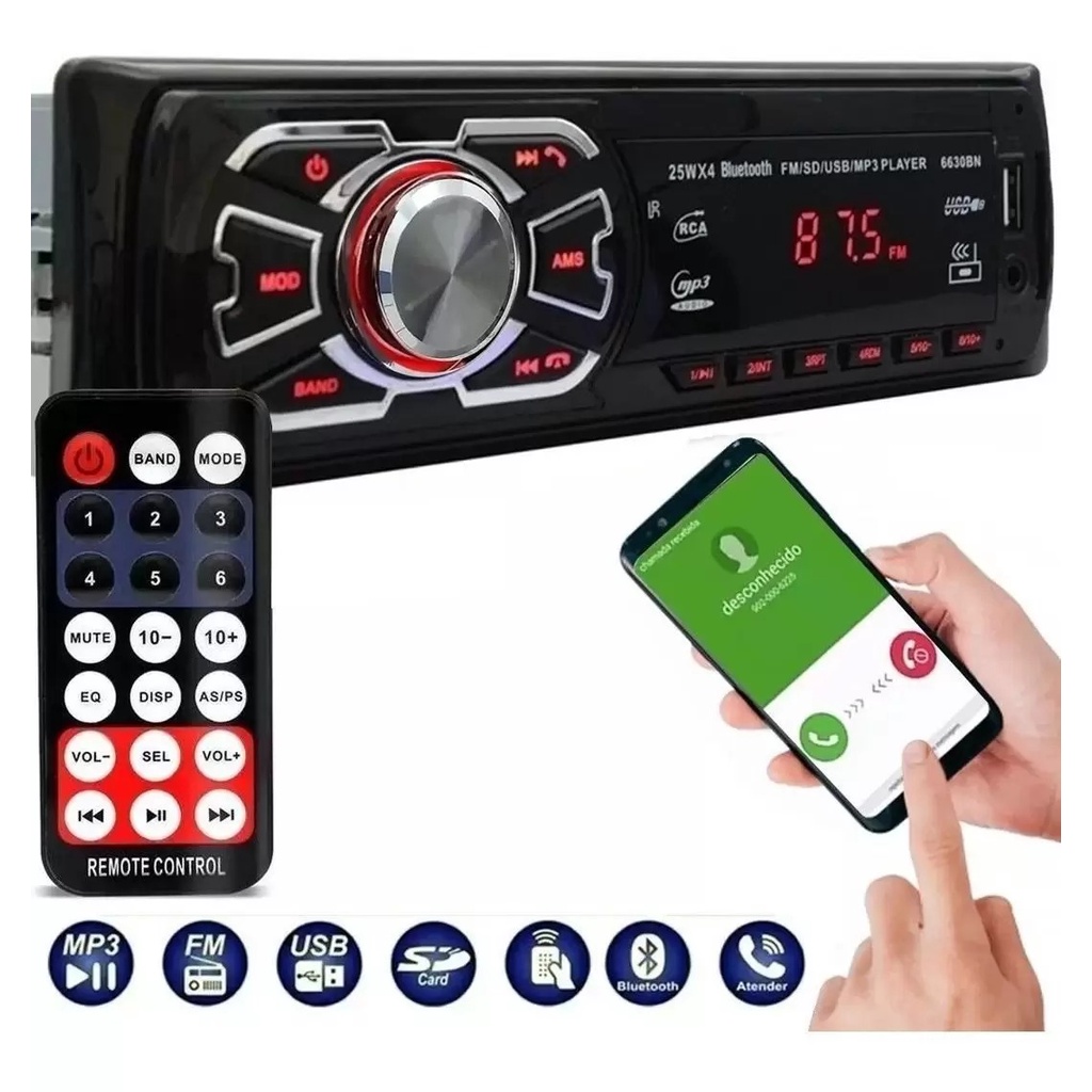 Aparelho de Som Automotivo Rádio MP3 Player Som de carro Bluetooth USB SD Aux. 4x25w Modelo ...