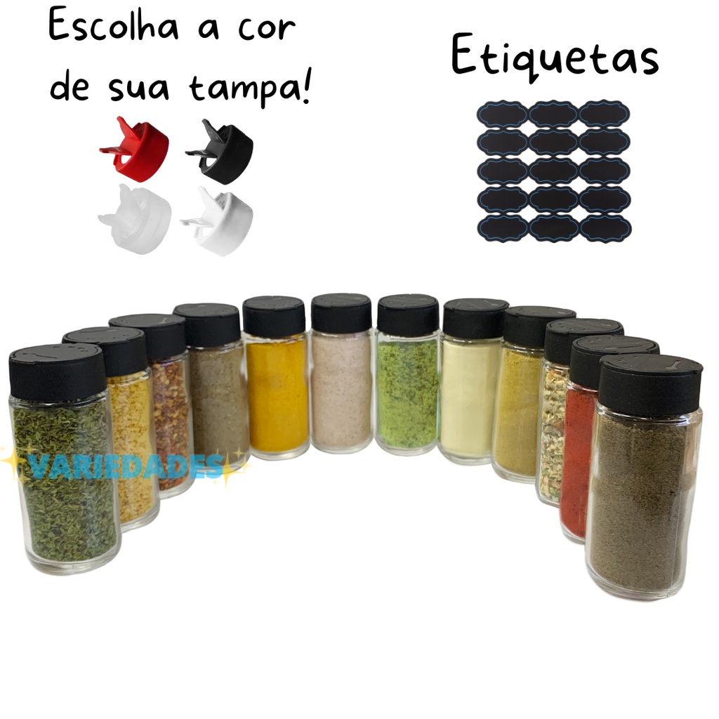 Kit 12 Potes Temperos Condimentos Vidro com Tampa Dosadora + ETIQUETA ...