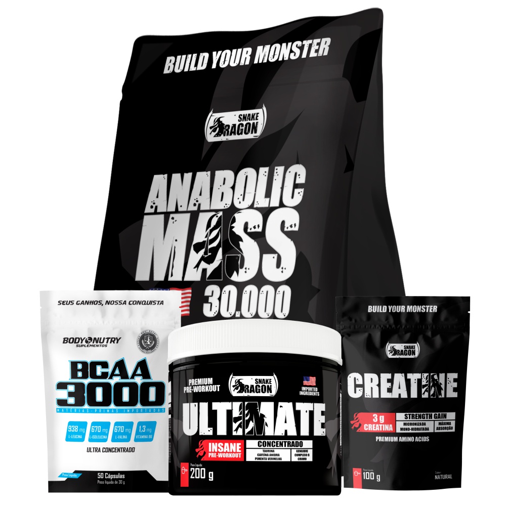 Hipercalórico Anabolic Mass 30000, 3Kg + Pré-treino 200g + BCAA 3000 + Creatina 100g | Shopee Brasil