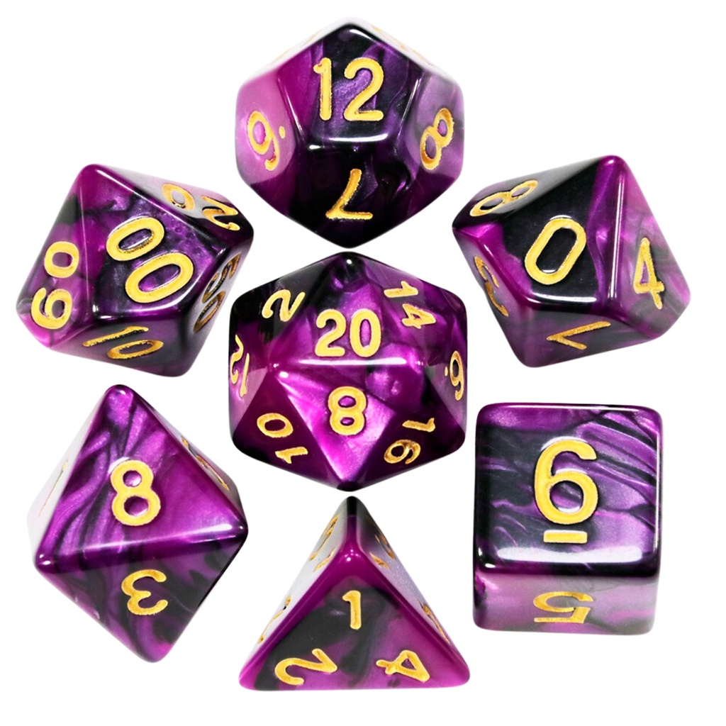 Sete 7 Dados Rpg Roxo Dourado Marmorizado Perolado D4 D6 D8 D10 D10% D12 D20 | Shopee Brasil