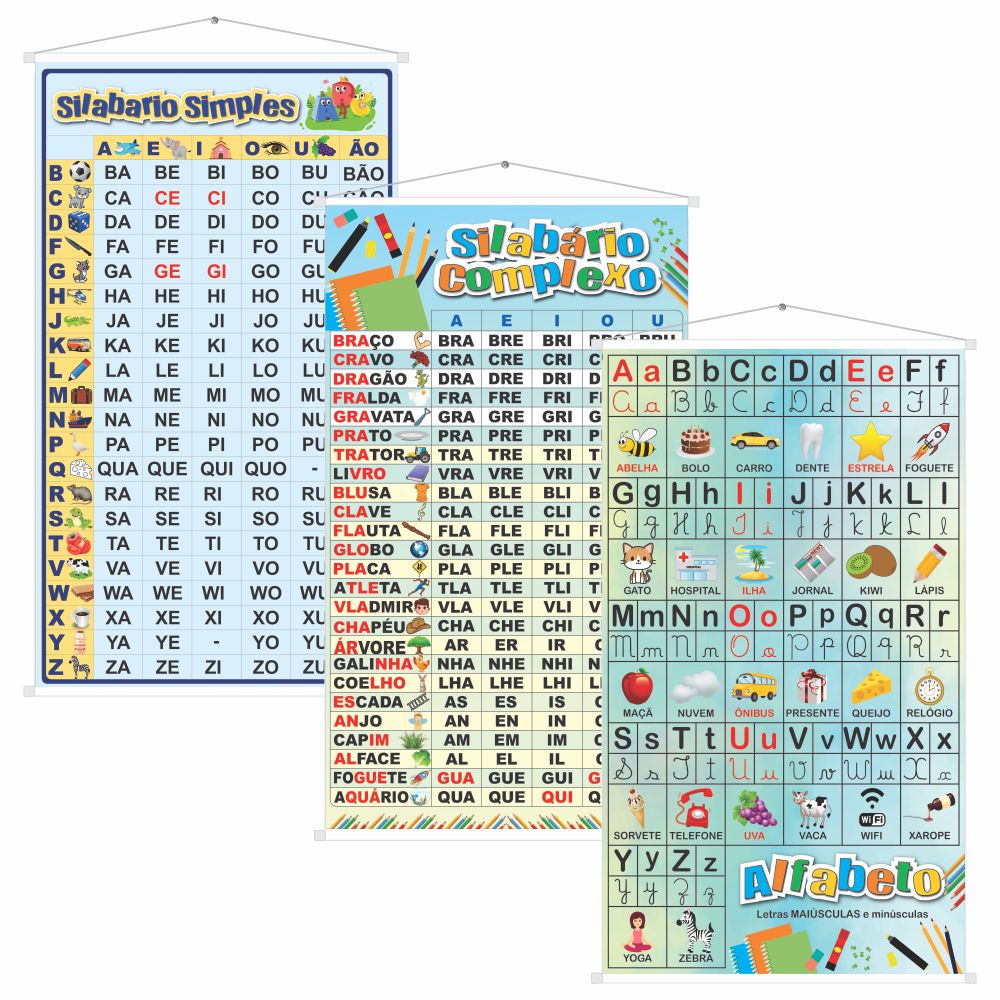 Kit 3 Banner Pedagógico Sílabas Simples Silabário Complexo E Alfabeto Ilustrado - Banner 60x100 ...