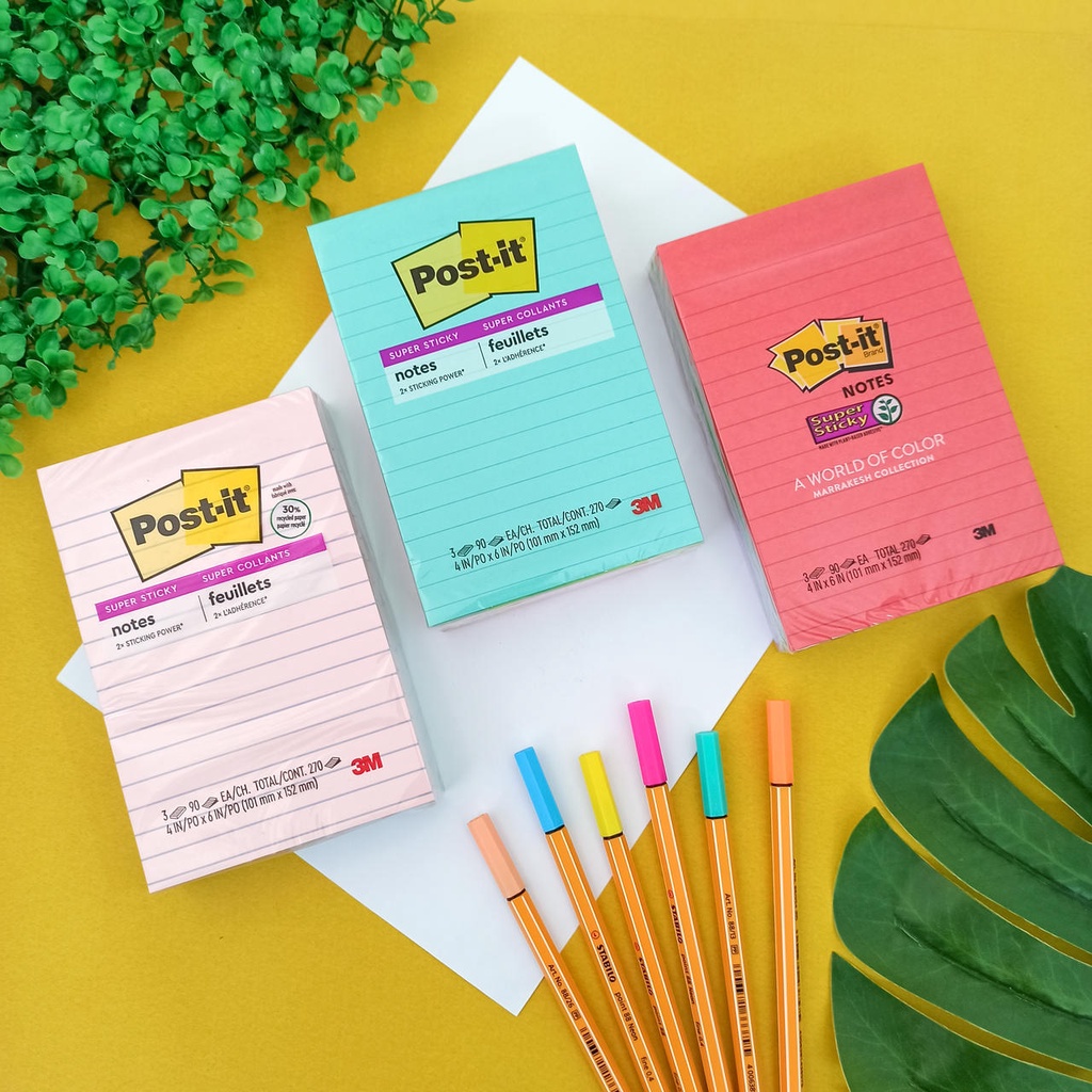 Bloco Adesivo Pautado Post-It® Retangular 3 Cores 101 mm x 152 mm 270 ...