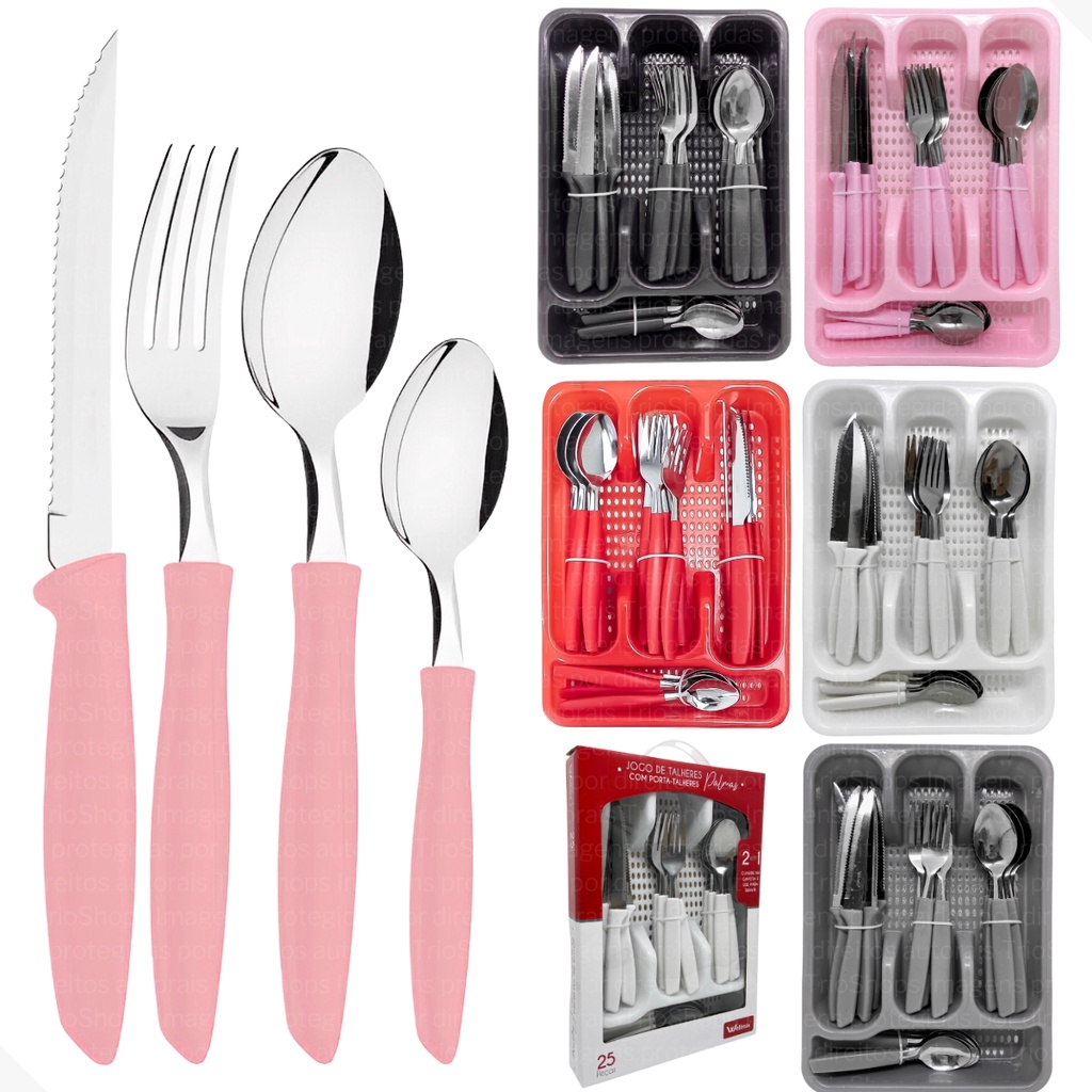 Conjunto De Talheres Com Porta Talher Palmas Cores Cozinha 25 Peças ...