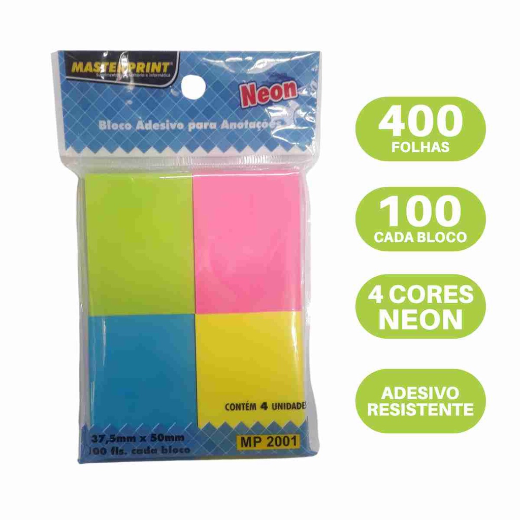 Bloco Adesivo para Anotações Post it 4 cores Neon 400 Folhas ...