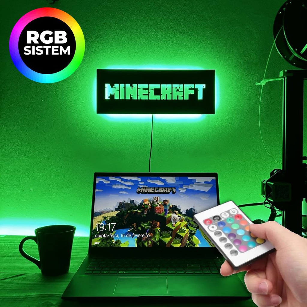 Luminária Minecraft com LED RGB (16 cores) com Fonte 12v e Controle ...