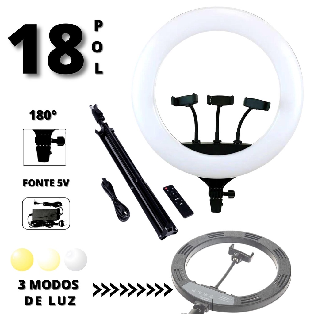 Ring Light 46cm 18 Polegadas Tons de Branco + Tripé 2m Blogueira Influenceres Make e Videos ...