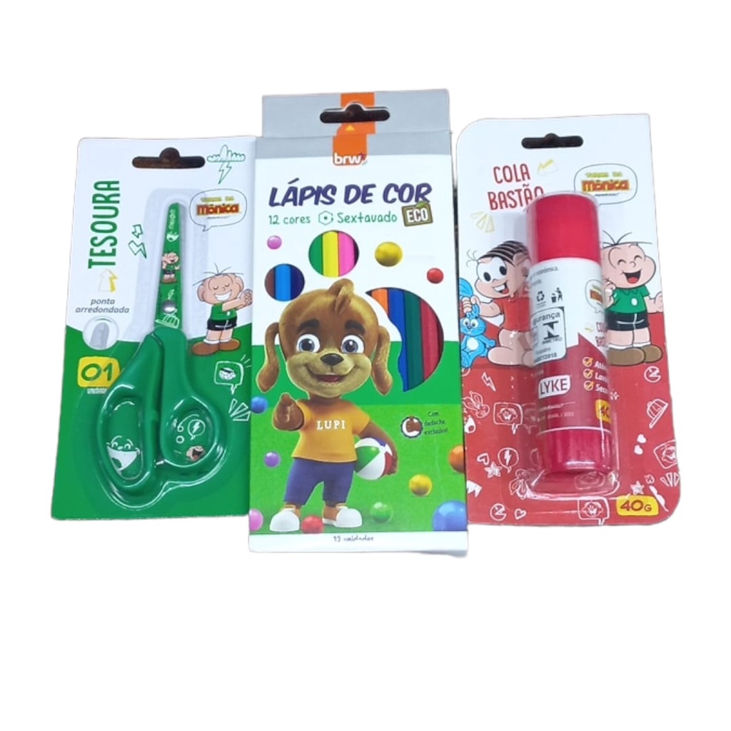 kit escolar lapís de cor 12 cores + tesoura turma da mônica + cola ...