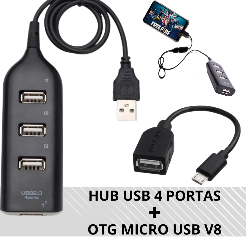 Kit hub 4 portas extensor usb + Cabo Otg Adaptador Micro Usb V8 Para ...