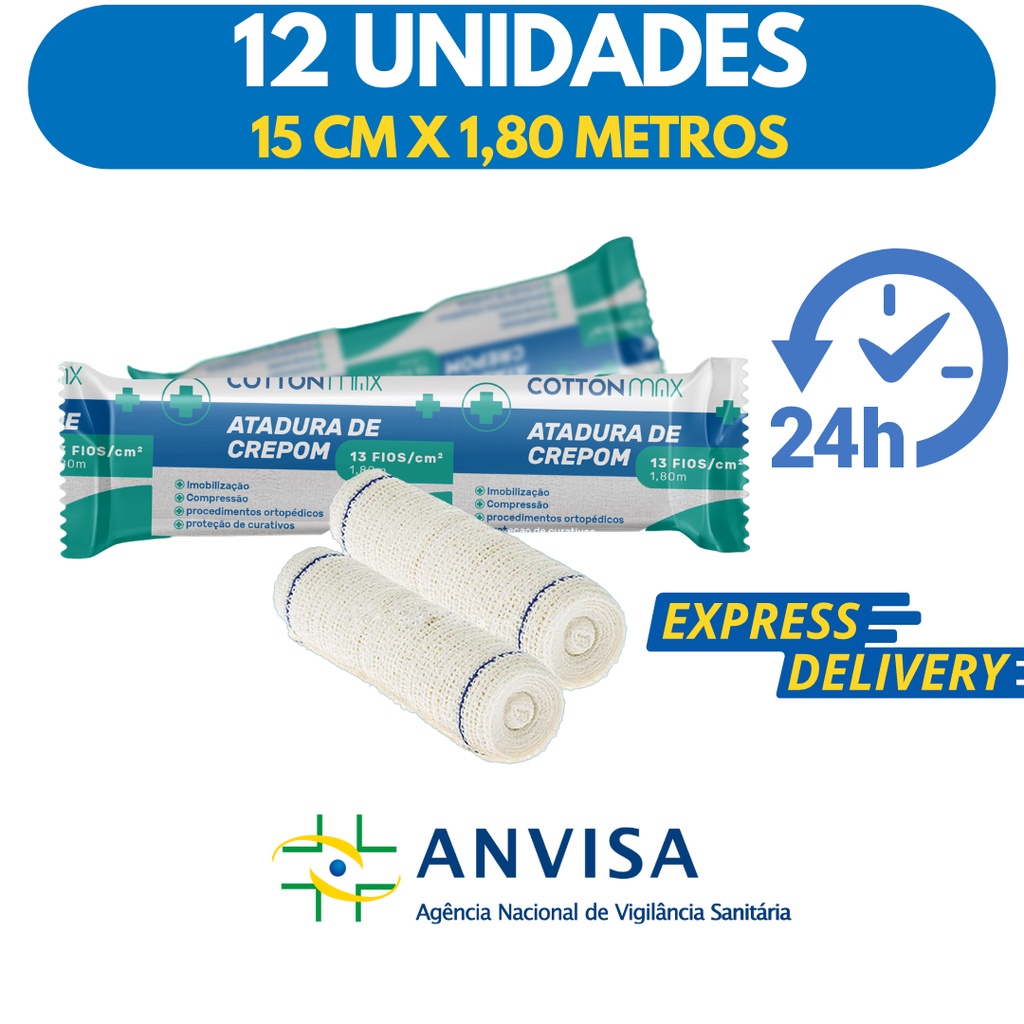 Faixa Atadura Crepom Curativo Algodão 15cm x 1,80m Kit 12 Rolos 13 Fios Anvisa Não estéril ...