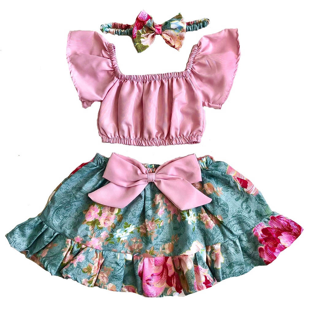 conjunto infantil meninas/ saia + cropped + tiara | Shopee Brasil