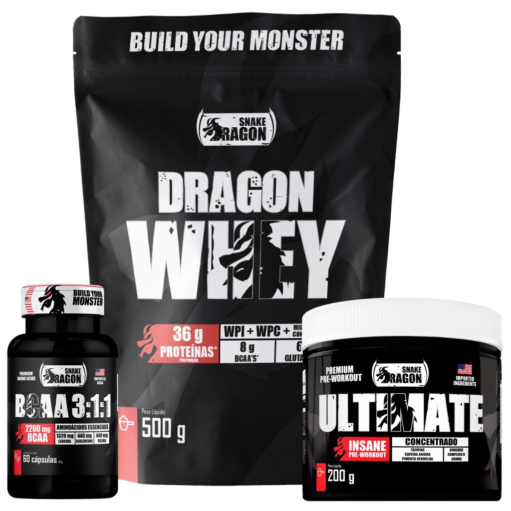 Whey Protein Dragon 500g + BCAA 60 Cápsulas + Pré-treino 200g | Shopee ...