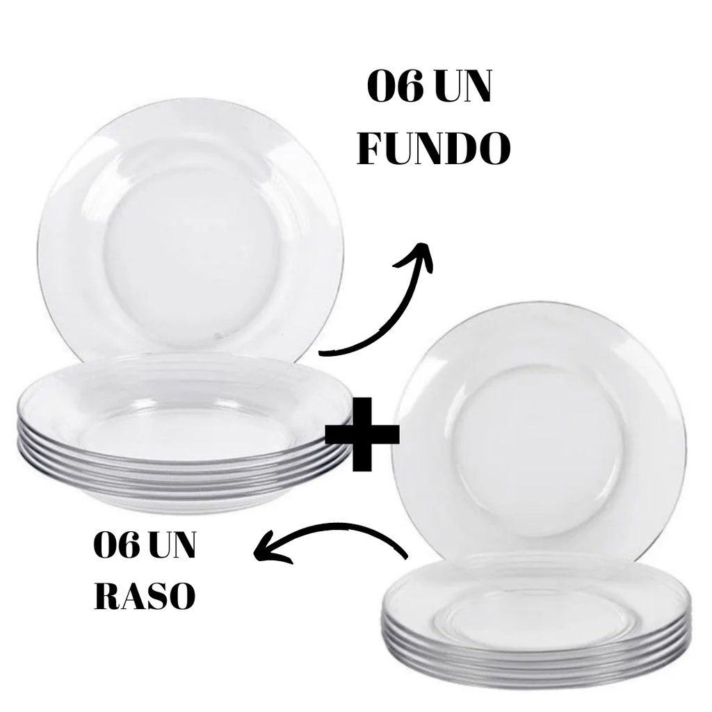 Kit Jogo 06 Fundo+06 Raso Pratos Astral Vidro Transparente Nadir Duralex Liso Resistente ...