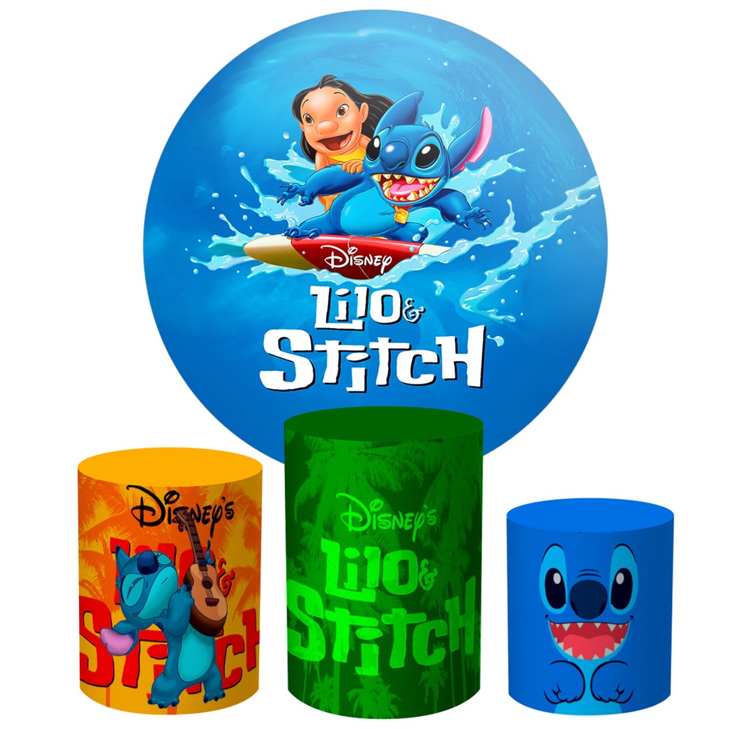 Kit De Festa Painel Redondo Lilo Stitch + Trio Capa De Cilindro Veste ...