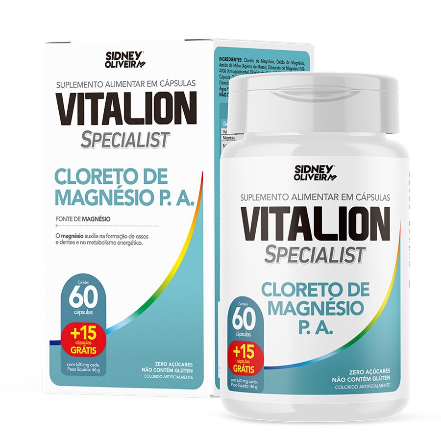 Vitalion Specialist Cloreto de Magnésio PA 60 cápsulas + 15 grátis ...