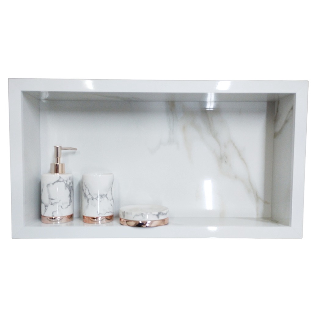 Nicho Box Banheiro Porcelanato 30x50 borda de alumínio Marmo Douro ...