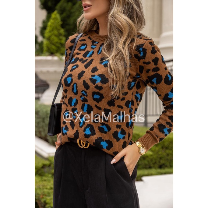 Blusa Feminina Tricot Onça Animal Print Manga Longa Xela Malhas Tricô ...