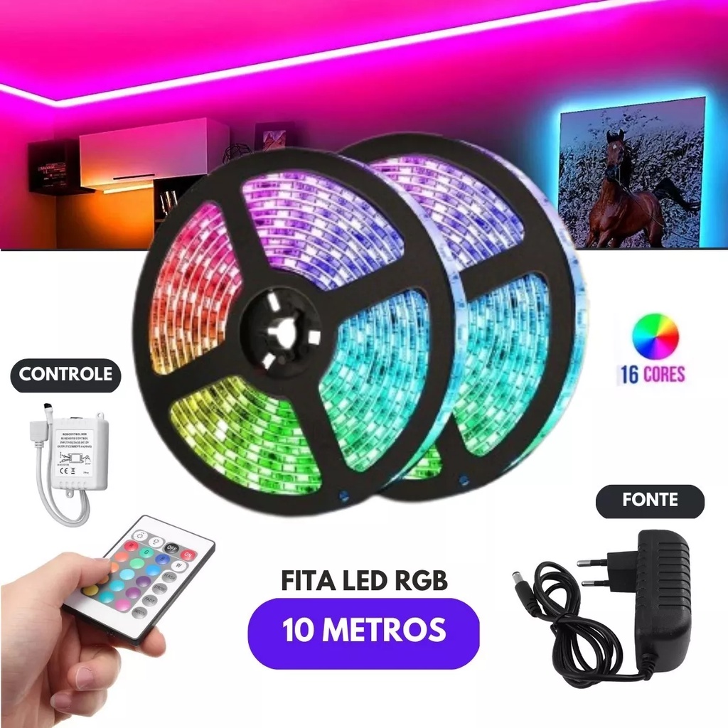 Fita Led RGB 10m Fonte Controle 600 Led SMD-3528 Ip65 Dupla Face ...