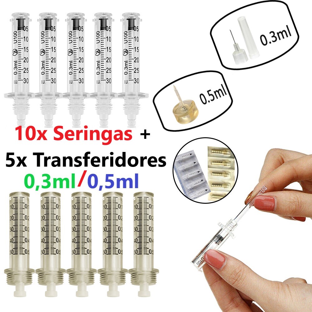 Kit 10 Seringas E 5 Transferidor para caneta Pressurizada 0.3ml Ou 0 ...