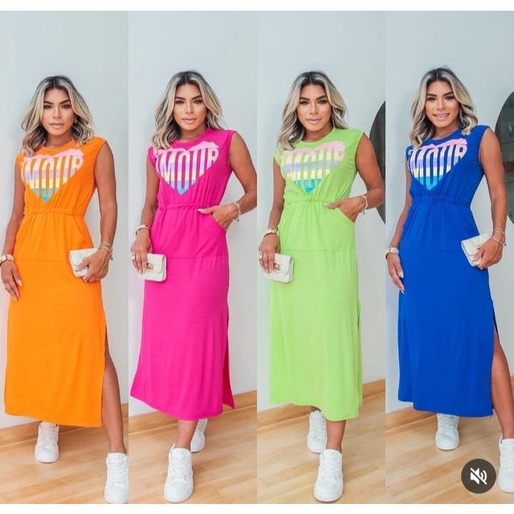 Vestido Feminino Isabella Longo Com Bolso e Fenda nas Laterais Modelo ...