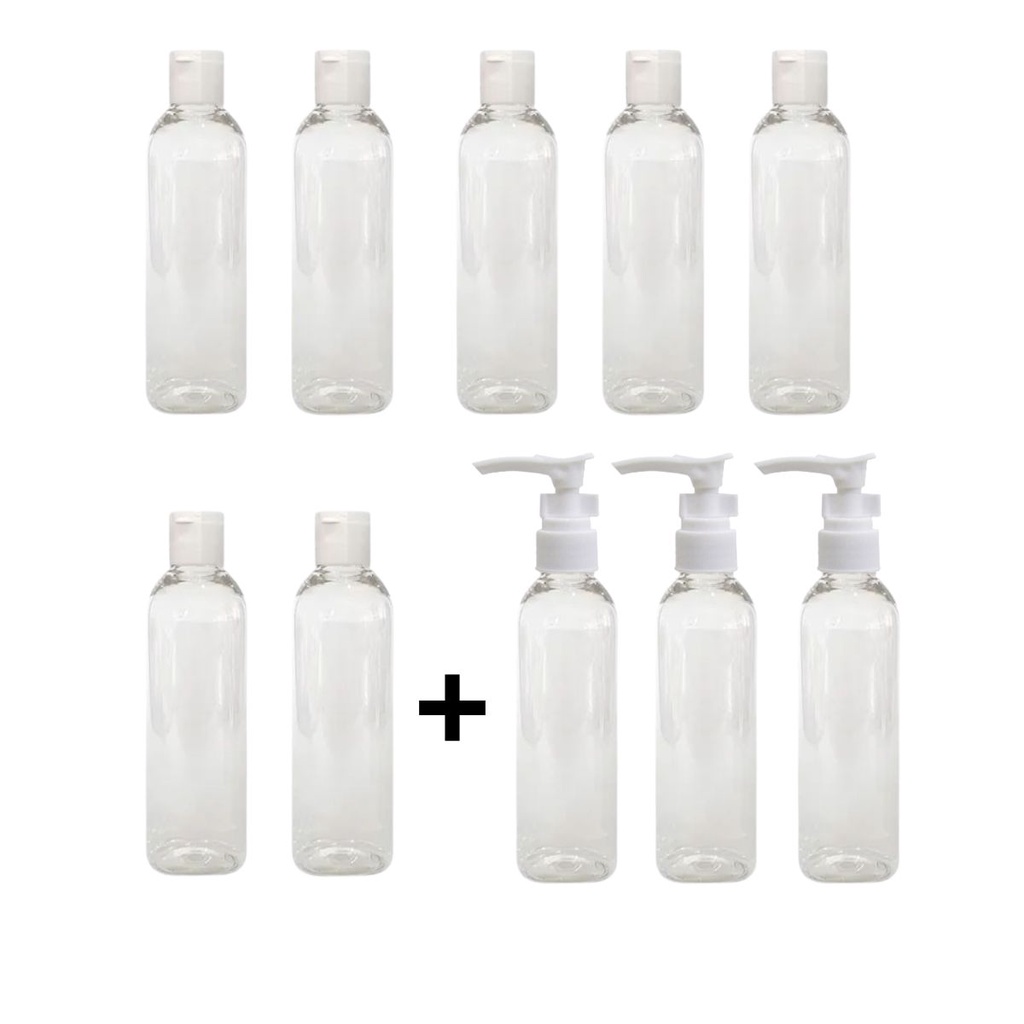 Kit 10 Frascos Viagem Shampoo Creme Sabonete 7 Fliptop + 3 Válvula Pump ...