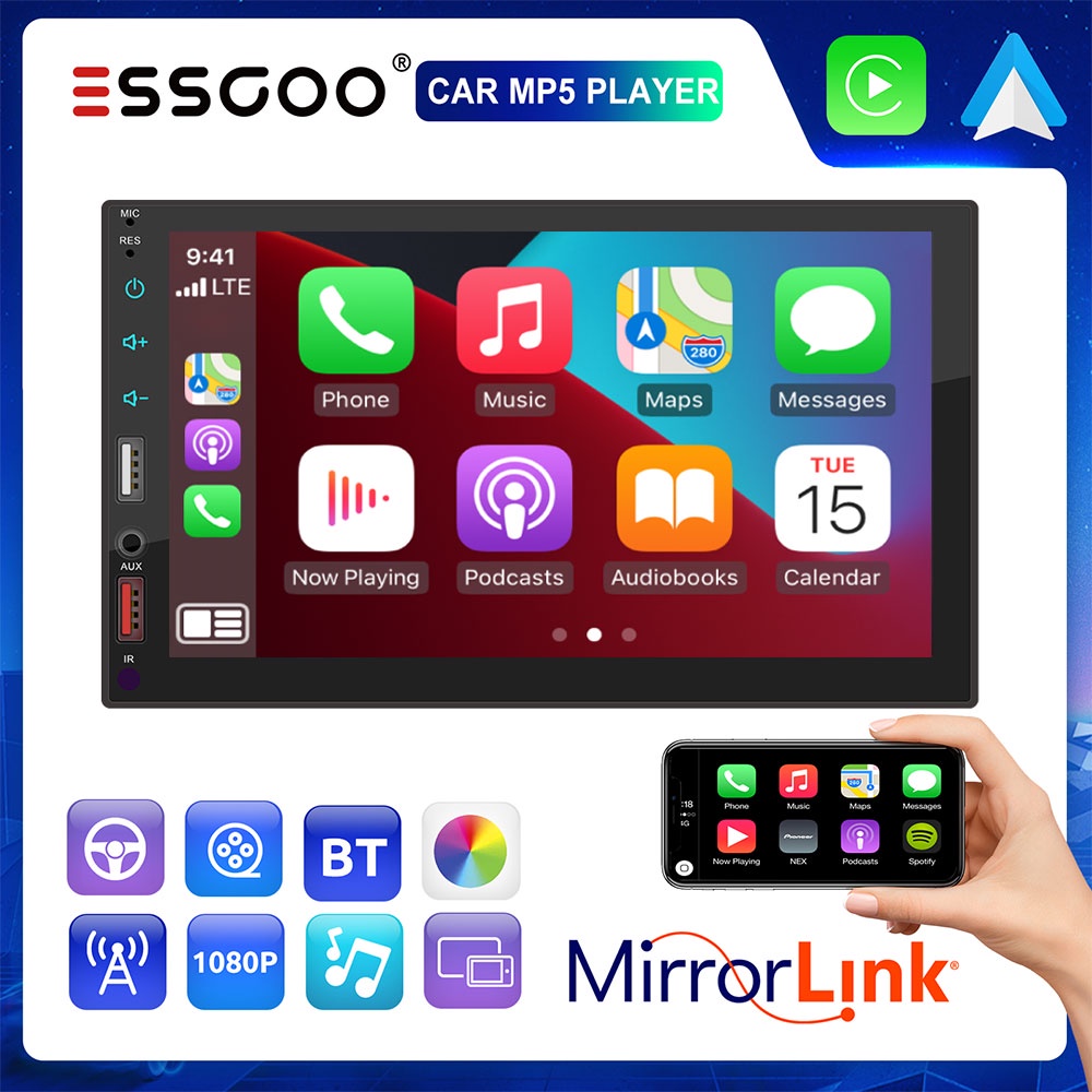 ESSGOO 2 Din 7 " Polegadas Rádio Estéreo De Carro FM Bluetooth Cenrtal MP5 Carplay Multimídia ...