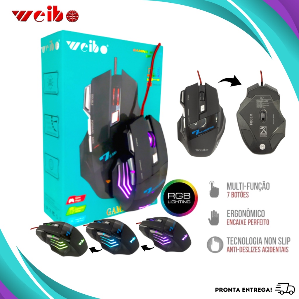 Mouse Gamer Com Fio 7 botões X7 Led Rgb 3200DPI (Weibo) | Shopee Brasil