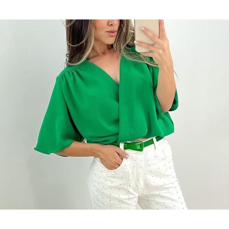 Blusa Feminina Cropped Manga Curta Flare Bufante Decote Solta Social ...