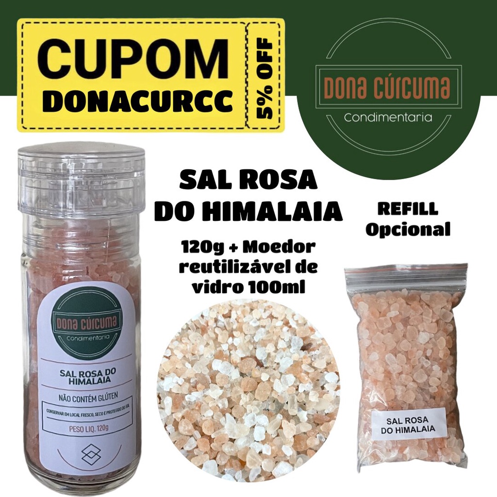 Sal Rosa do Himalaia 120g + Moedor de vidro Reutilizável com tampa em acrílico Porta temperos ...