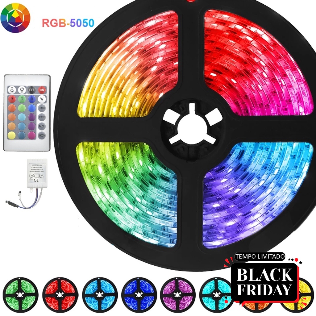 Fita Led Rgb Colorida 5050 5 Metros Com Controle - Rolo de 5m 300 Leds ...