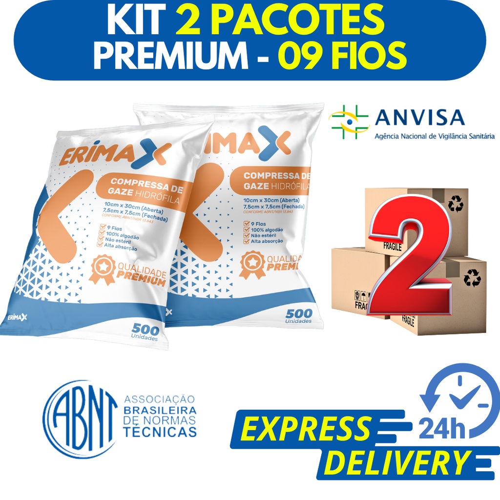 Kit 2 Compressa De Gaze 9 Fios 500 Unidades ABNT ErimaX Premium ...