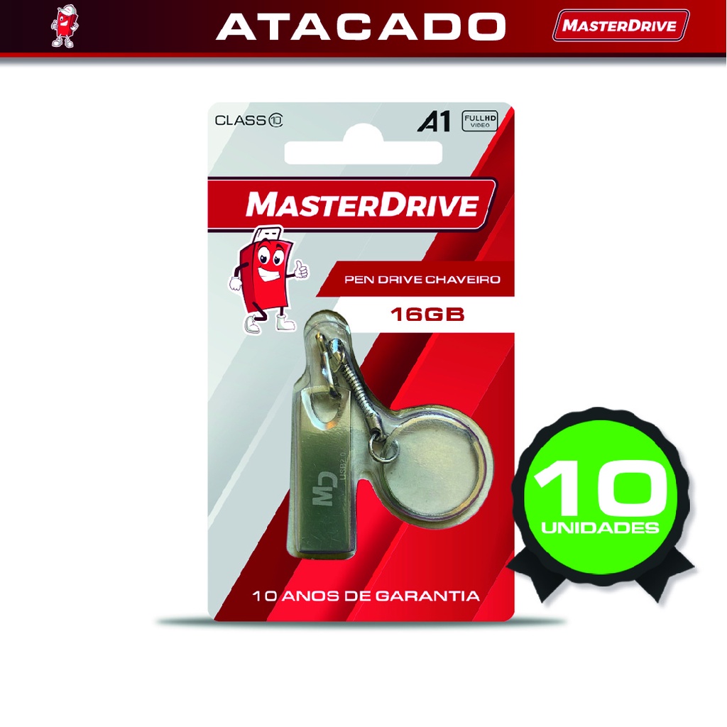 Kit 10 Pendrive 16GB MasterDrive Premium Tipo Chaveiro Original Com 10 ...