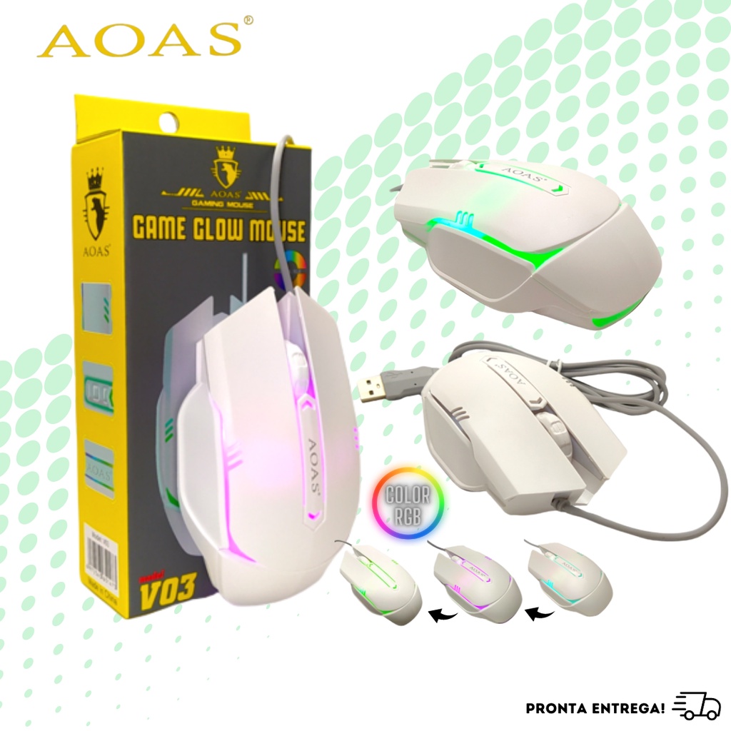 Mouse Gamer Com fio V03 Game Glow Branco Led Rgb (AOAS) | Shopee Brasil