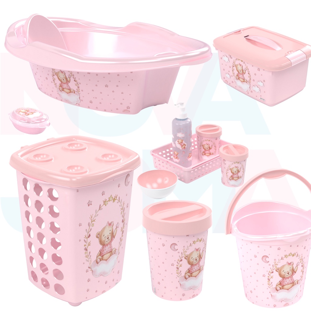 kit banho bebê cesto, lixeira, saboneteira, balde, caixa organizadora ...