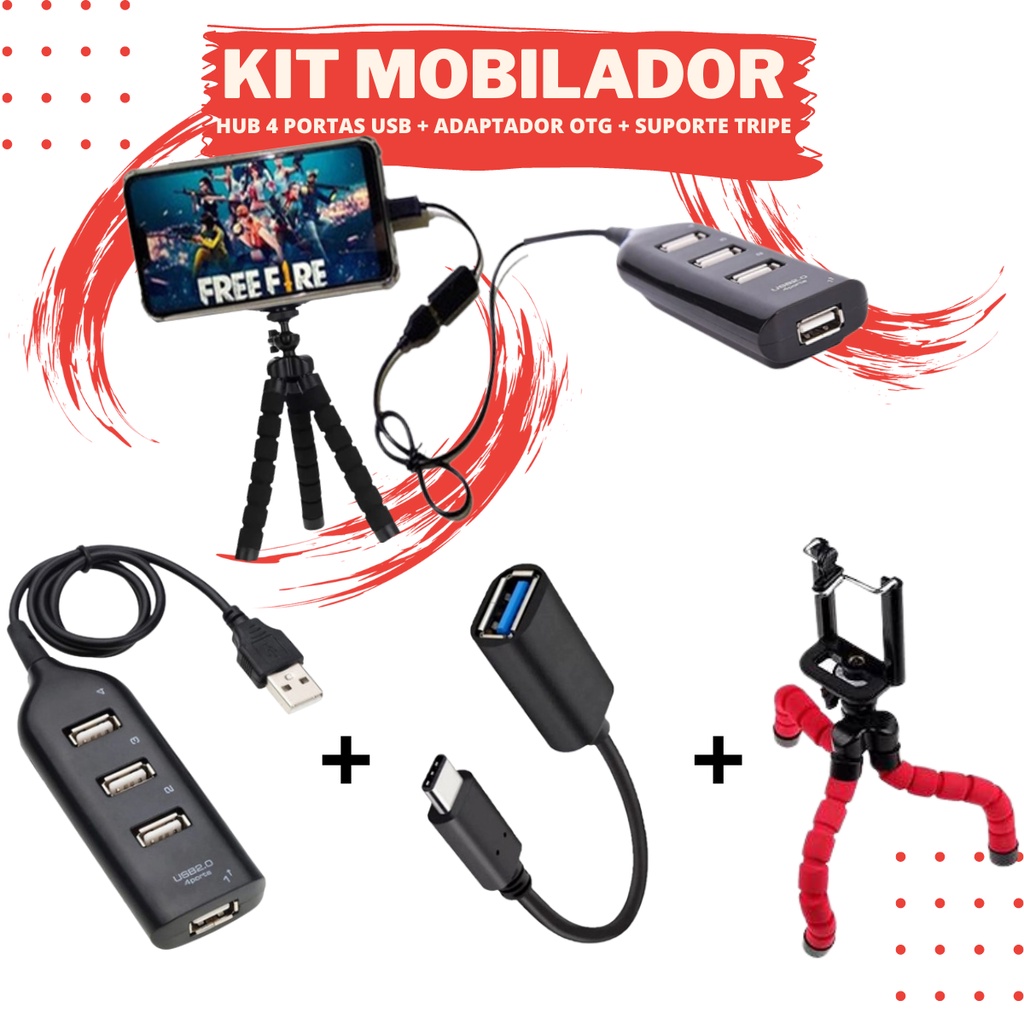 Kit Mobilador Hub 4 Portas Usb + Adaptador OTG Tipo-C / Micro Usb ...