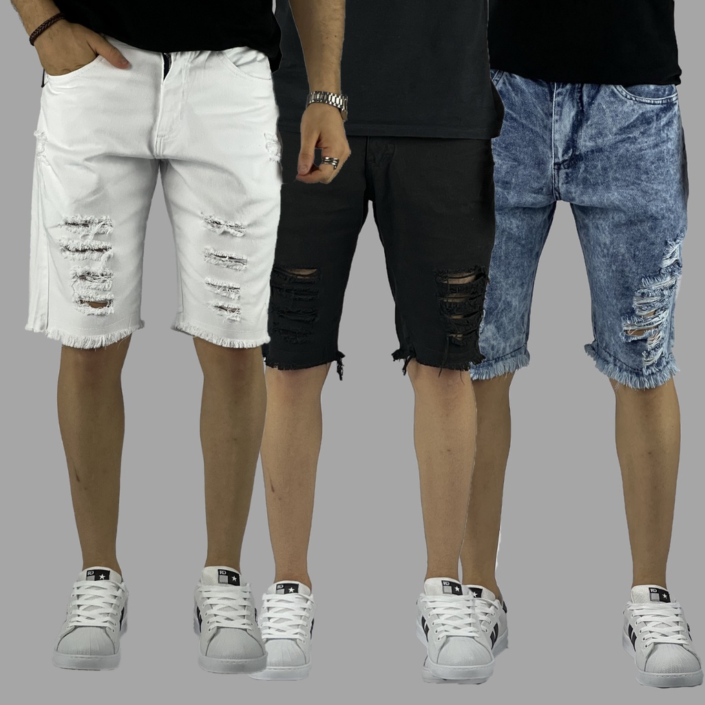 Kit Bermuda Masculina Jeans Clara Destroyed e Preta Destroyed | Shopee ...
