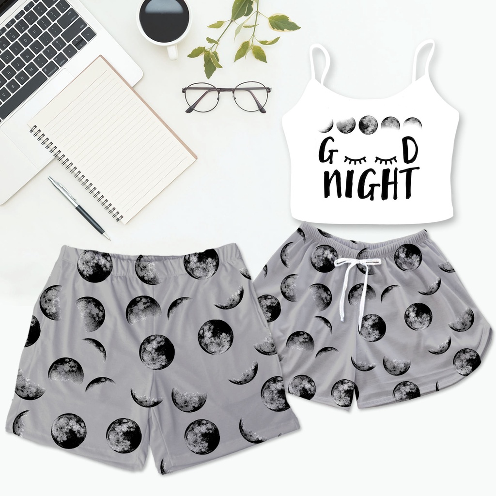 Kit Pijama Casal Mozão Cropped Good Night Lua Cinza | Shopee Brasil