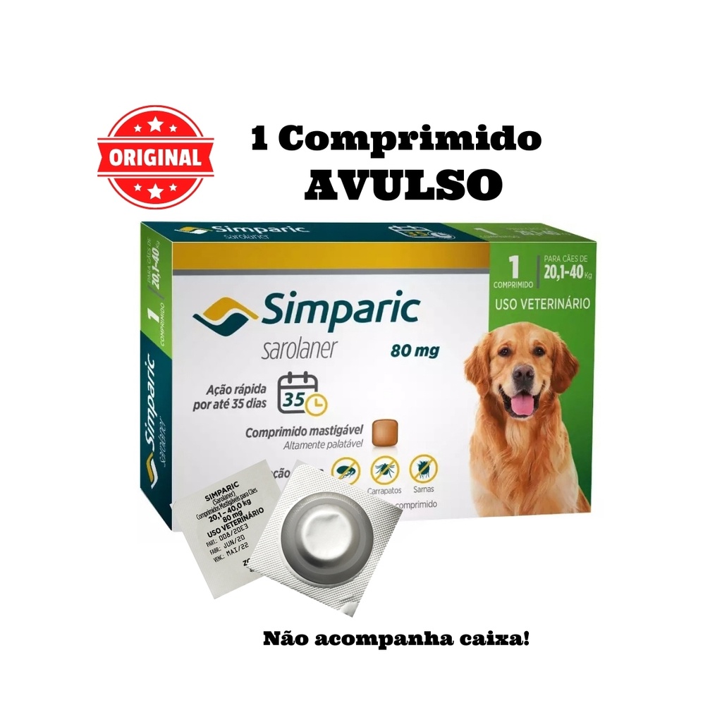Simparic 80mg 20,1kg a 40kg zoetis comprimido Antipulga Carrapato e ...