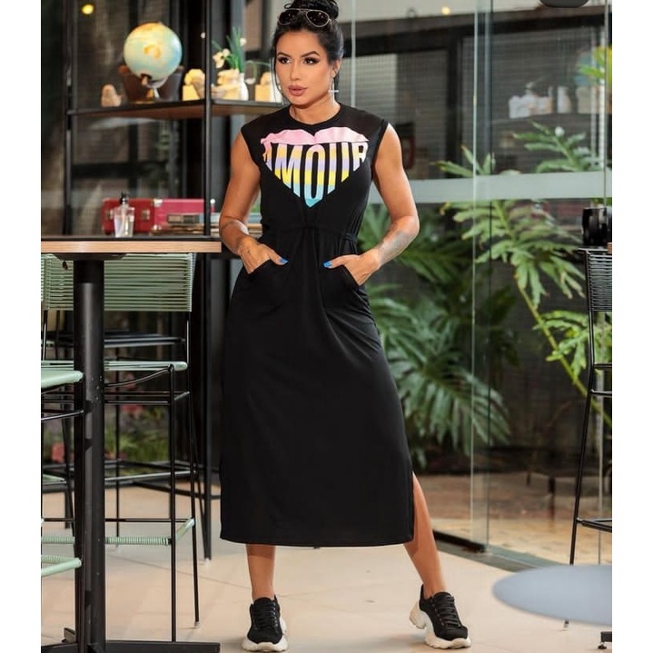 Vestido Feminino Isabella Longo Com Bolso e Fenda nas Laterais Modelo ...