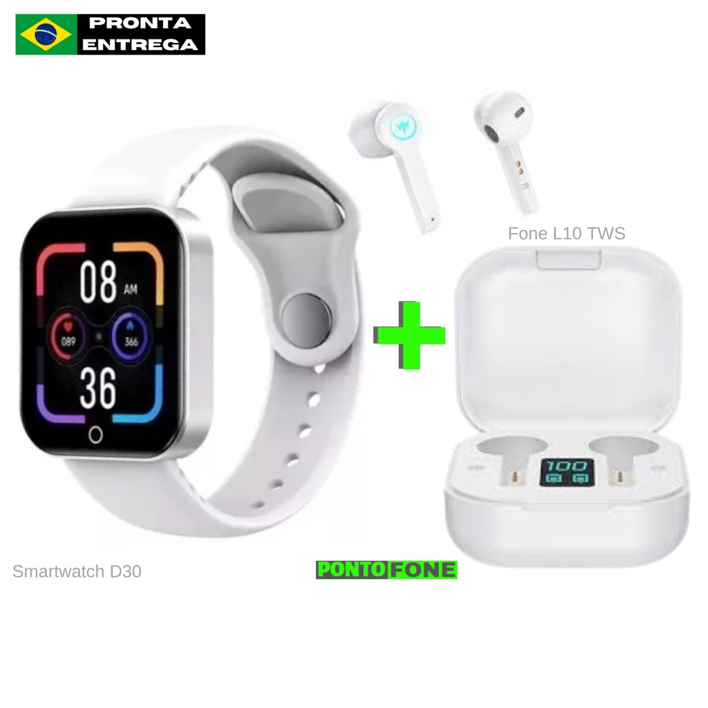 SmartWatch D30 ou D20 + Fone Sem Fio Bluetooth L10 TWS Kit Relógio e ...