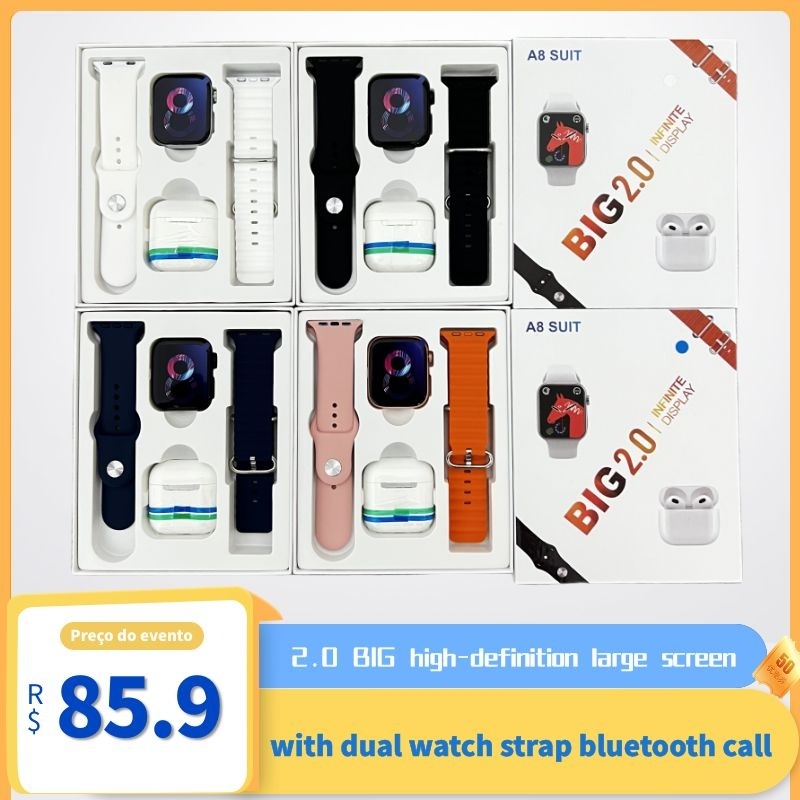 A8 SUIT Smartwatch TWS Fone De Ouvido 2 Em 1 BT Chamada Reloj Inteligente De BIG 2,0 Polegadas ...