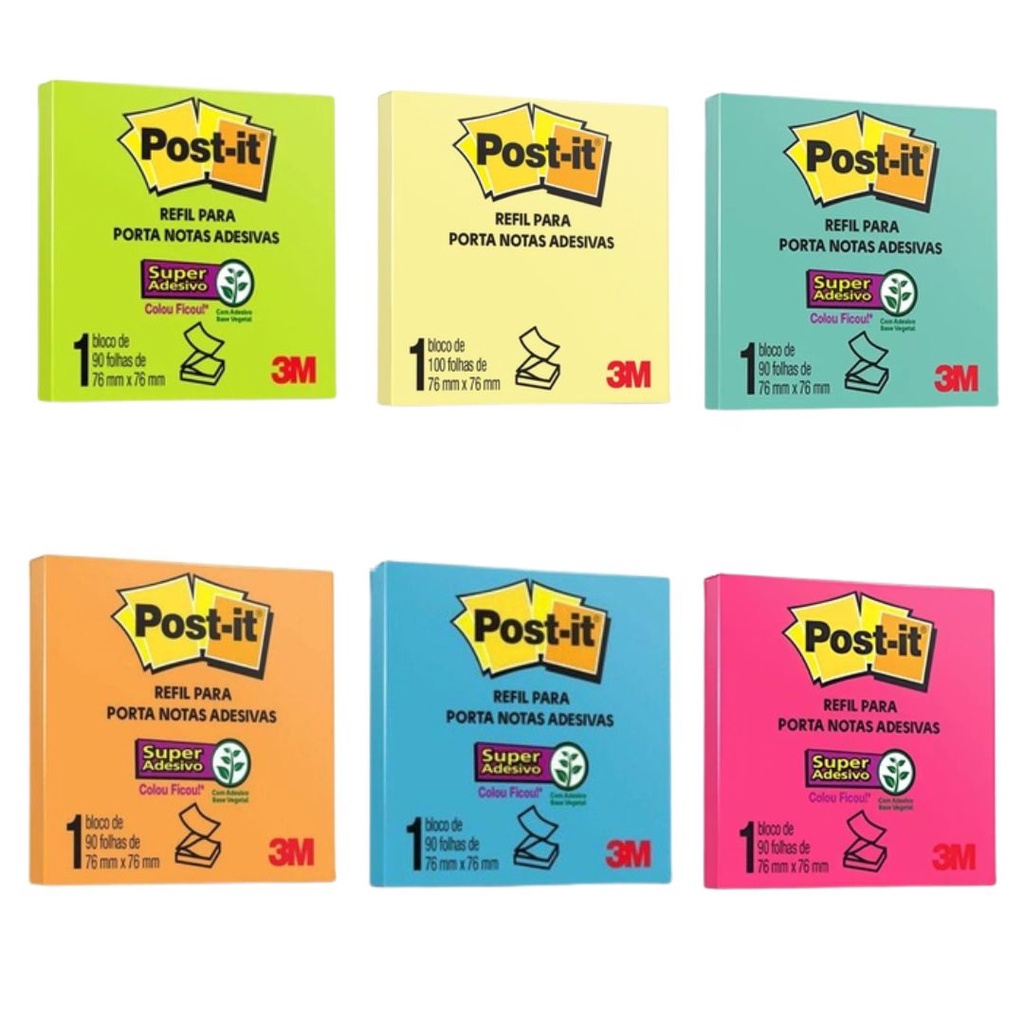 Bloco Adesivo Colorido Refil Post-It 76 x 76 mm 90 Folhas – 3M | Bloco ...