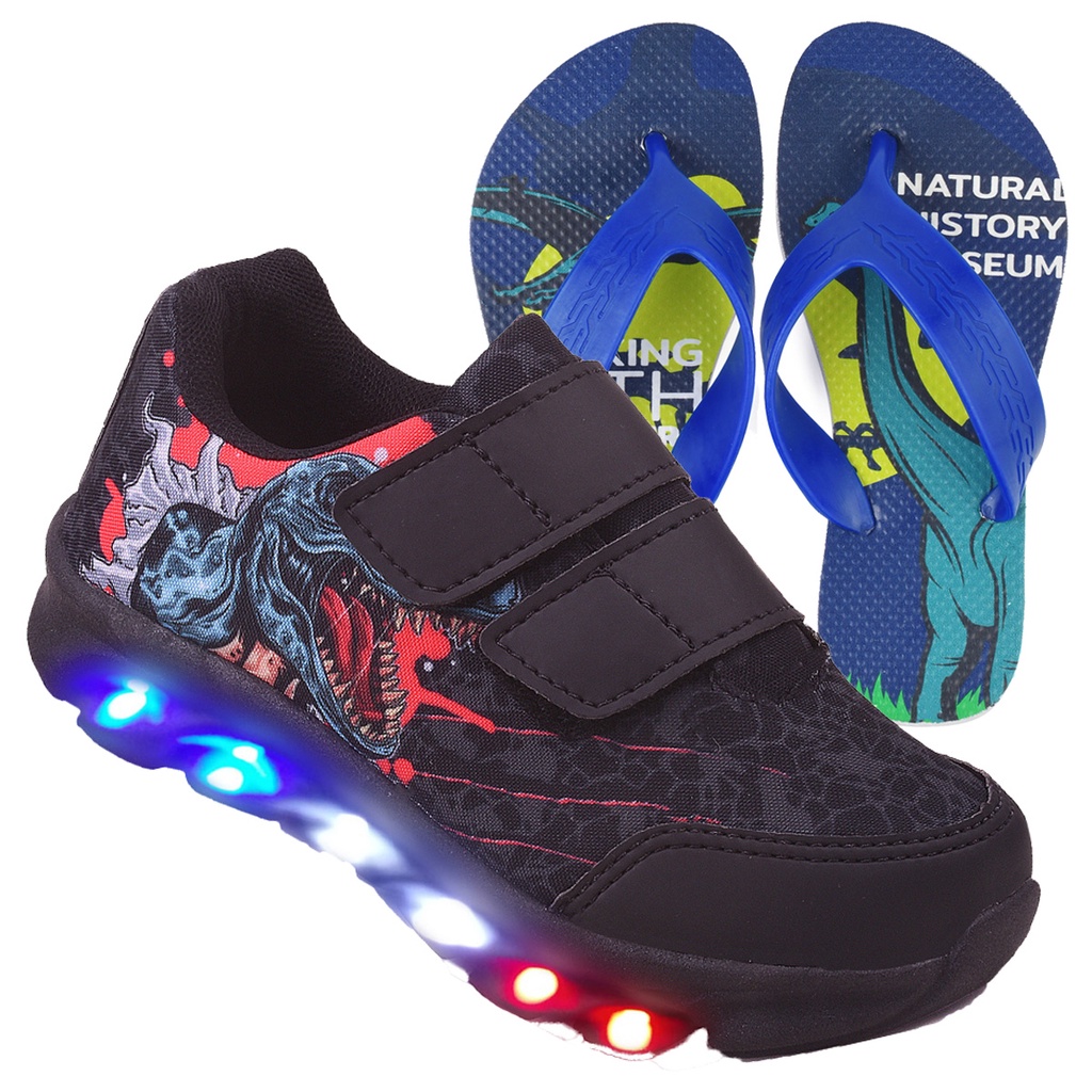 Kit Tenis Masculino Infantil De Led Meninos Dinossauro Velcro + Chinelo ...